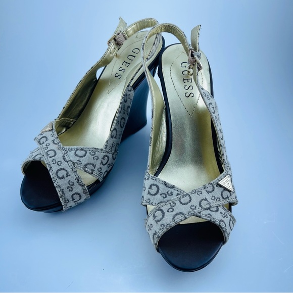 Guess | Shoes | Guess Signature Logo Canvas Tan Triangle Platform Wedge ...